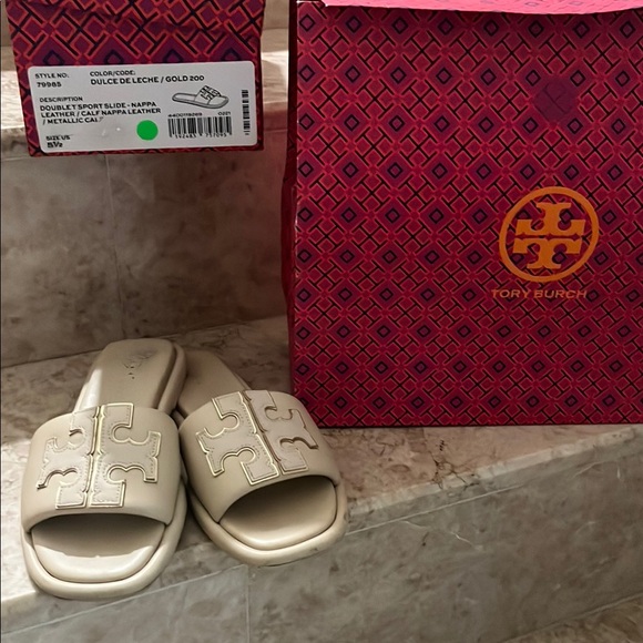 Tory Burch | Shoes | Tory Burch Gold Logo Cream Slides | Poshmark